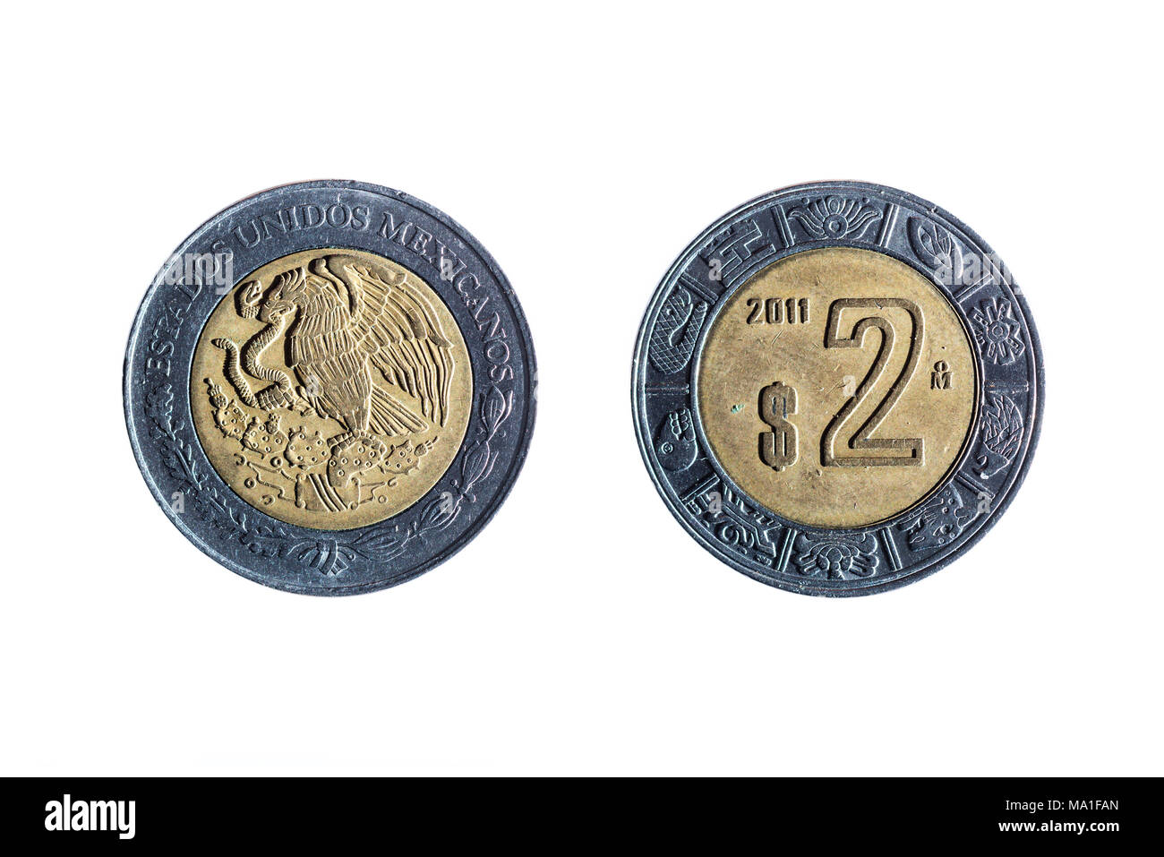 front and back of two peso mexican currency on white background Stock ...