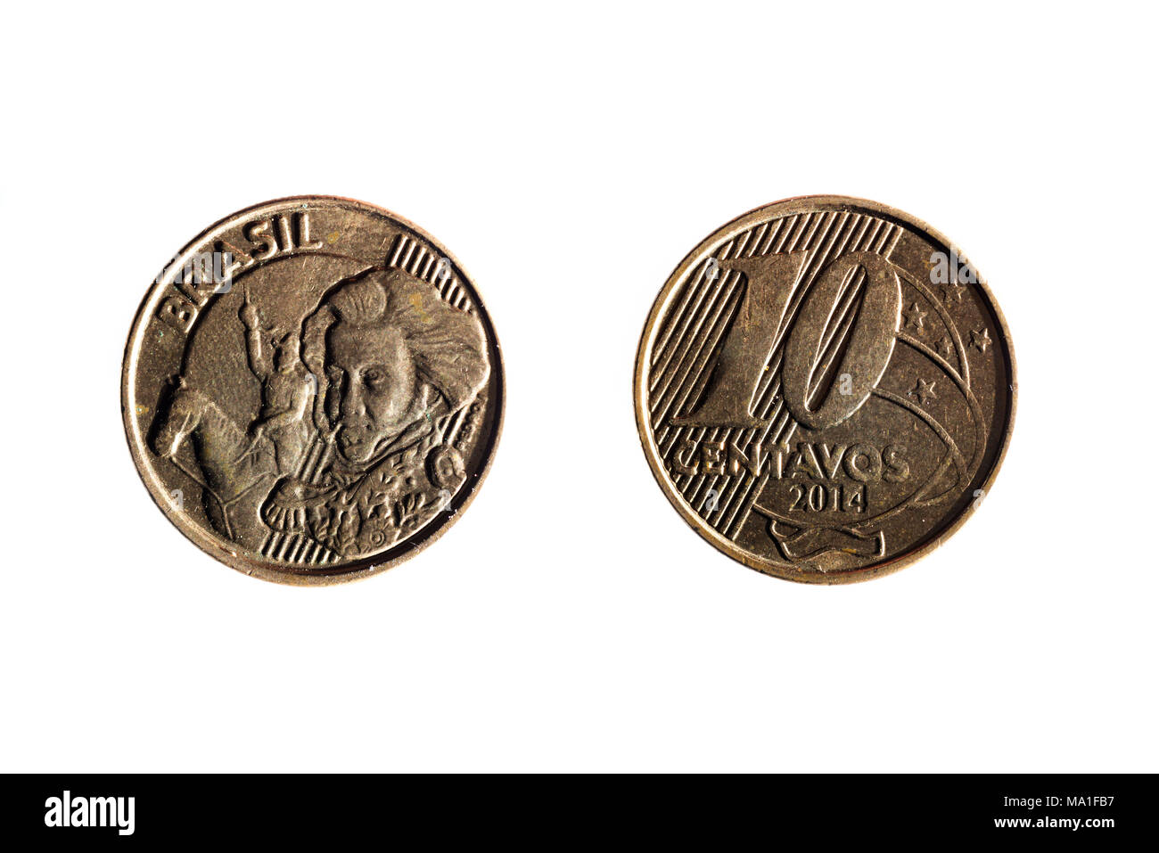 front and back of a brazilian real ten cents coin on white background ...