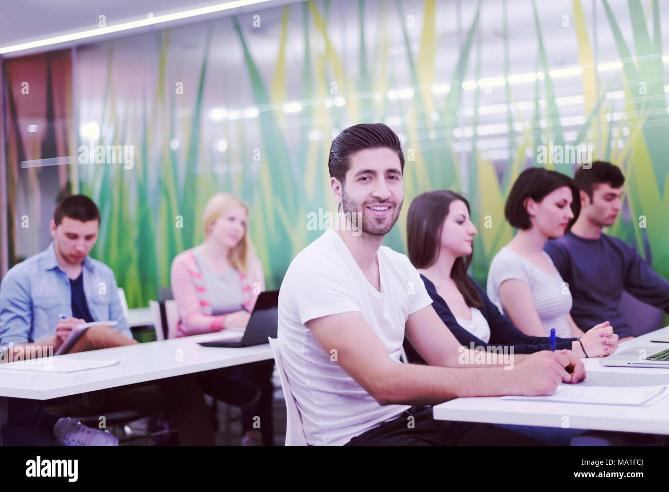 students group study together in school classroom and working together ...