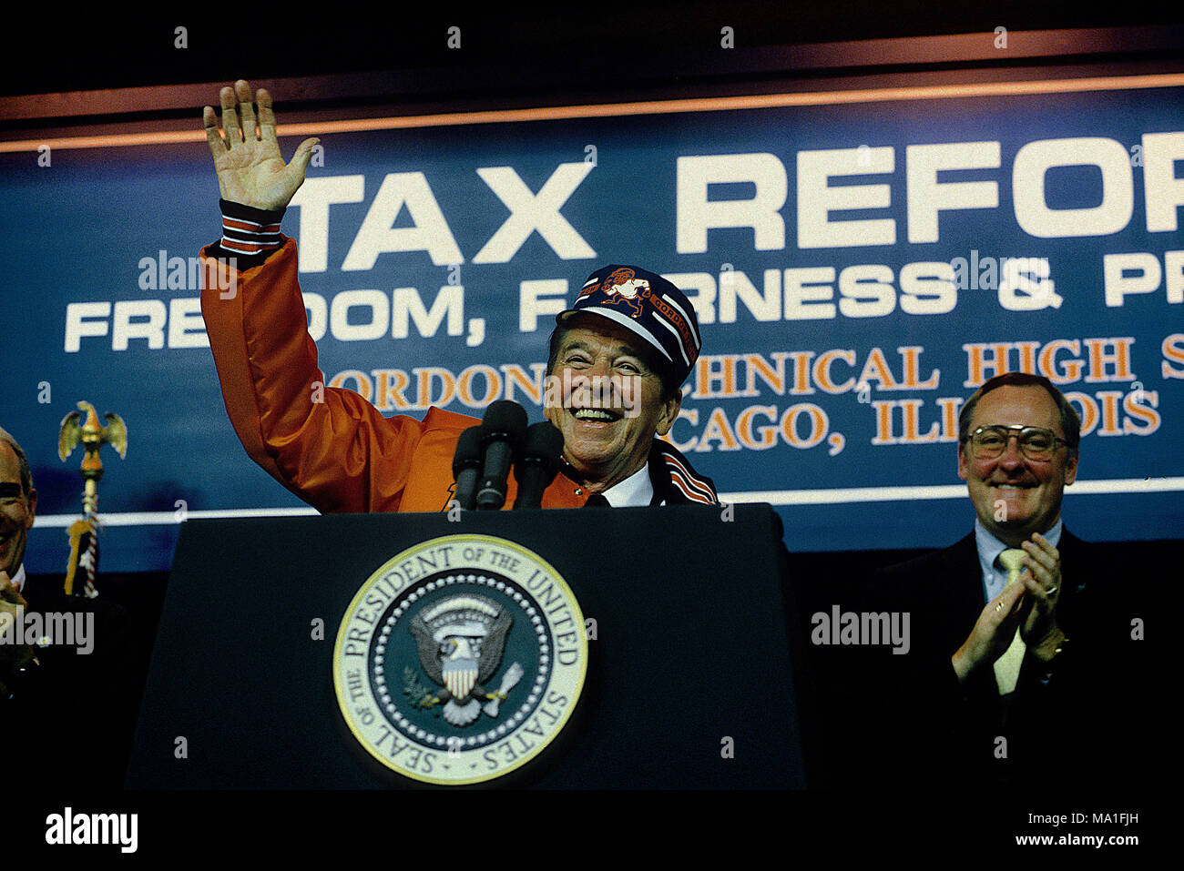 Chicago, Illinois., USA, October 10, 1985 President Ronald Reagan talks ...