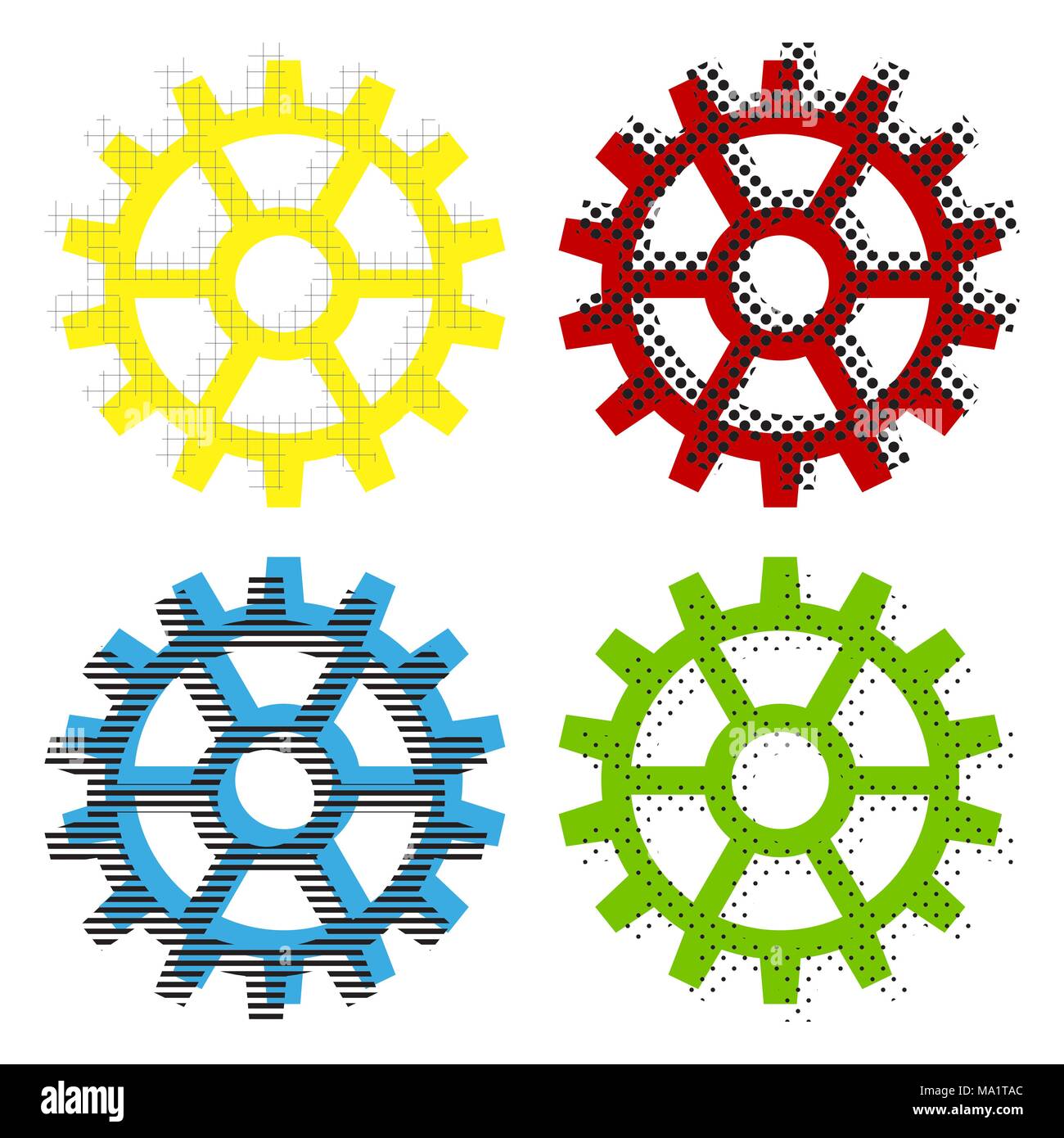Gear sign. Vector. Yellow, red, blue, green icons with their black ...
