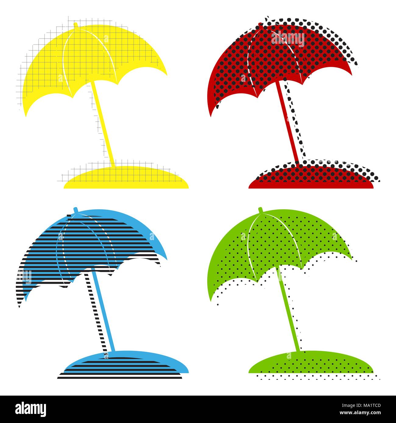 Umbrella and sun lounger sign. Vector. Yellow, red, blue, green icons ...