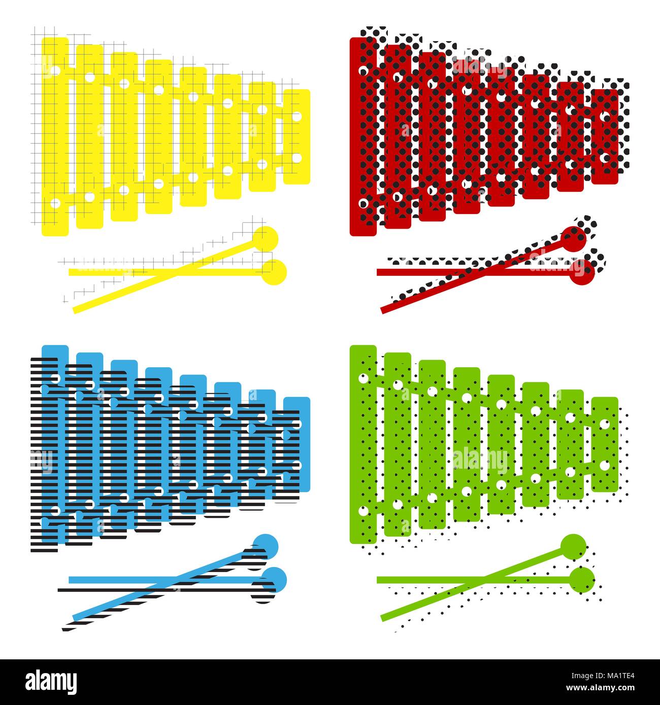 Xylophone sign. Vector. Yellow, red, blue, green icons with their black ...