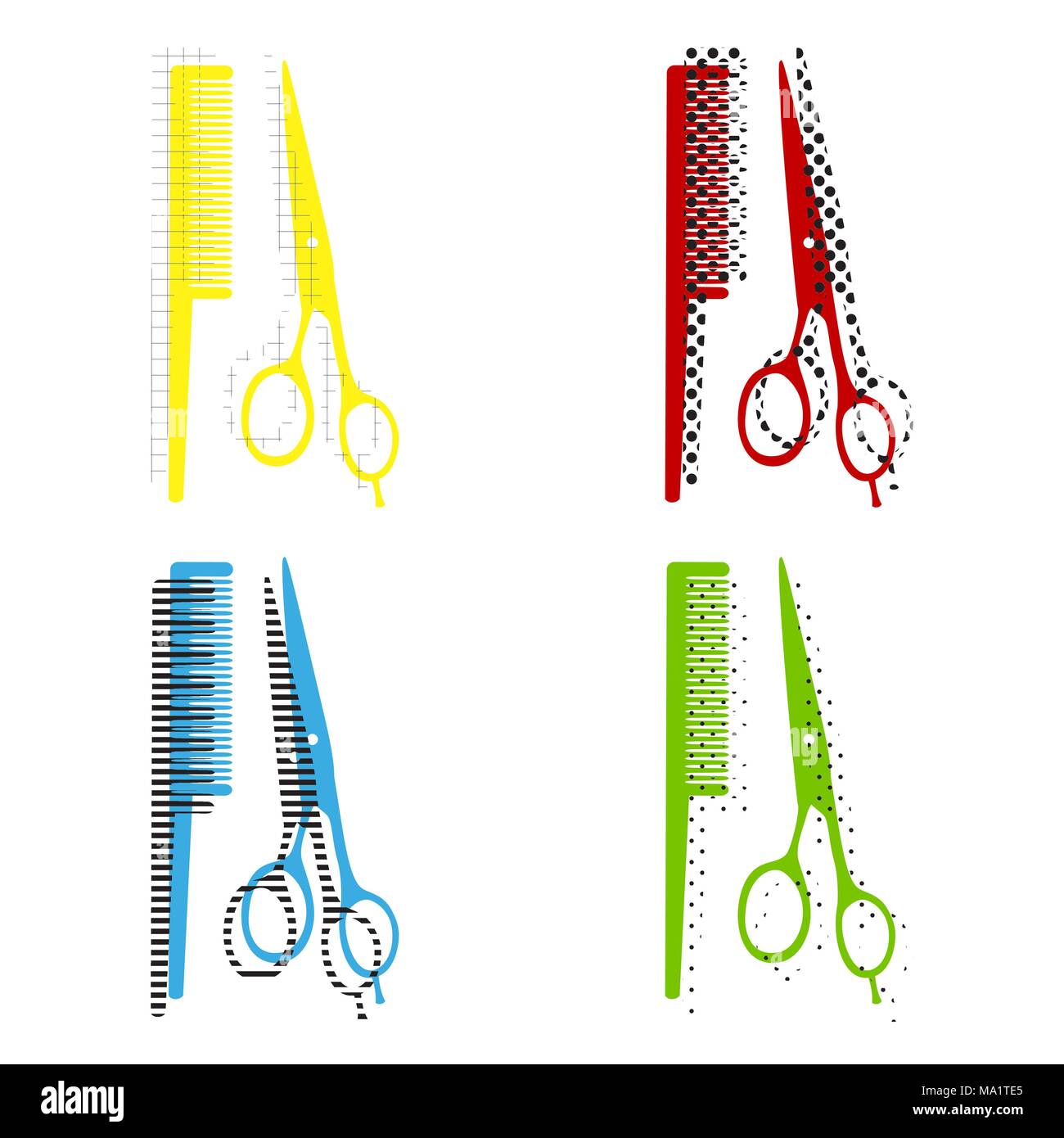 Barber shop sign. Vector. Yellow, red, blue, green icons with their ...