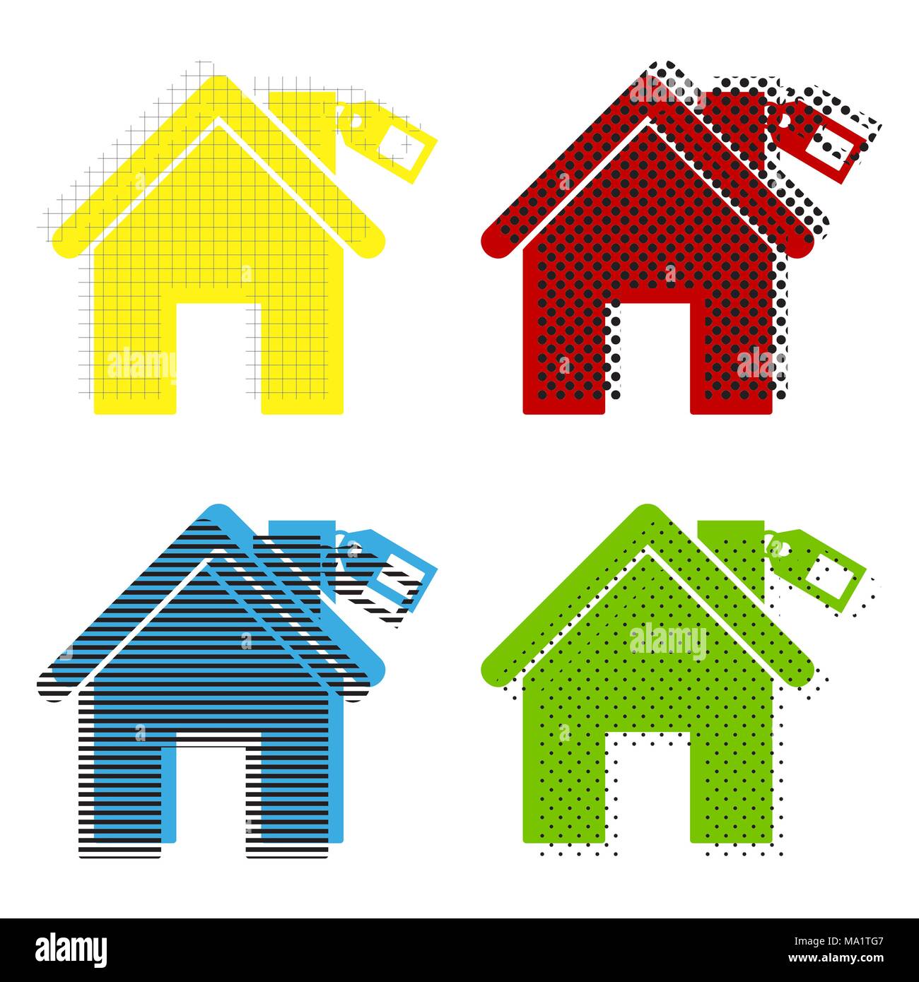 Home silhouette with tag. Vector. Yellow, red, blue, green icons with ...