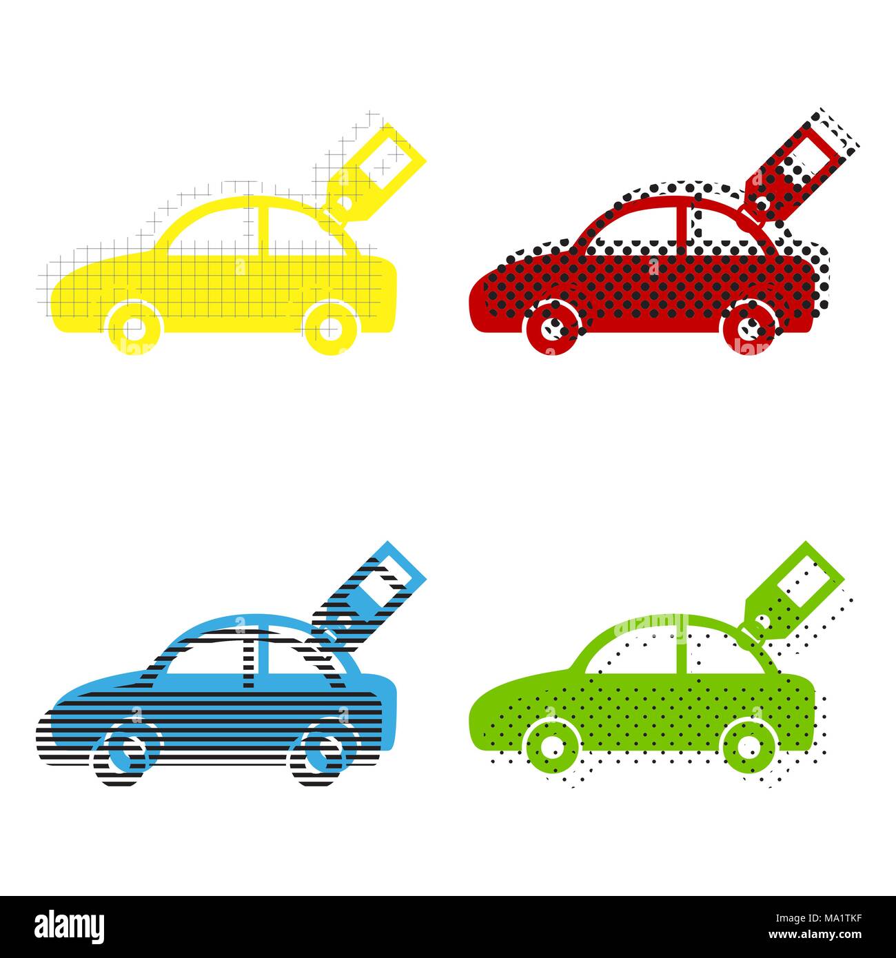 Car sign with tag. Vector. Yellow, red, blue, green icons with their ...