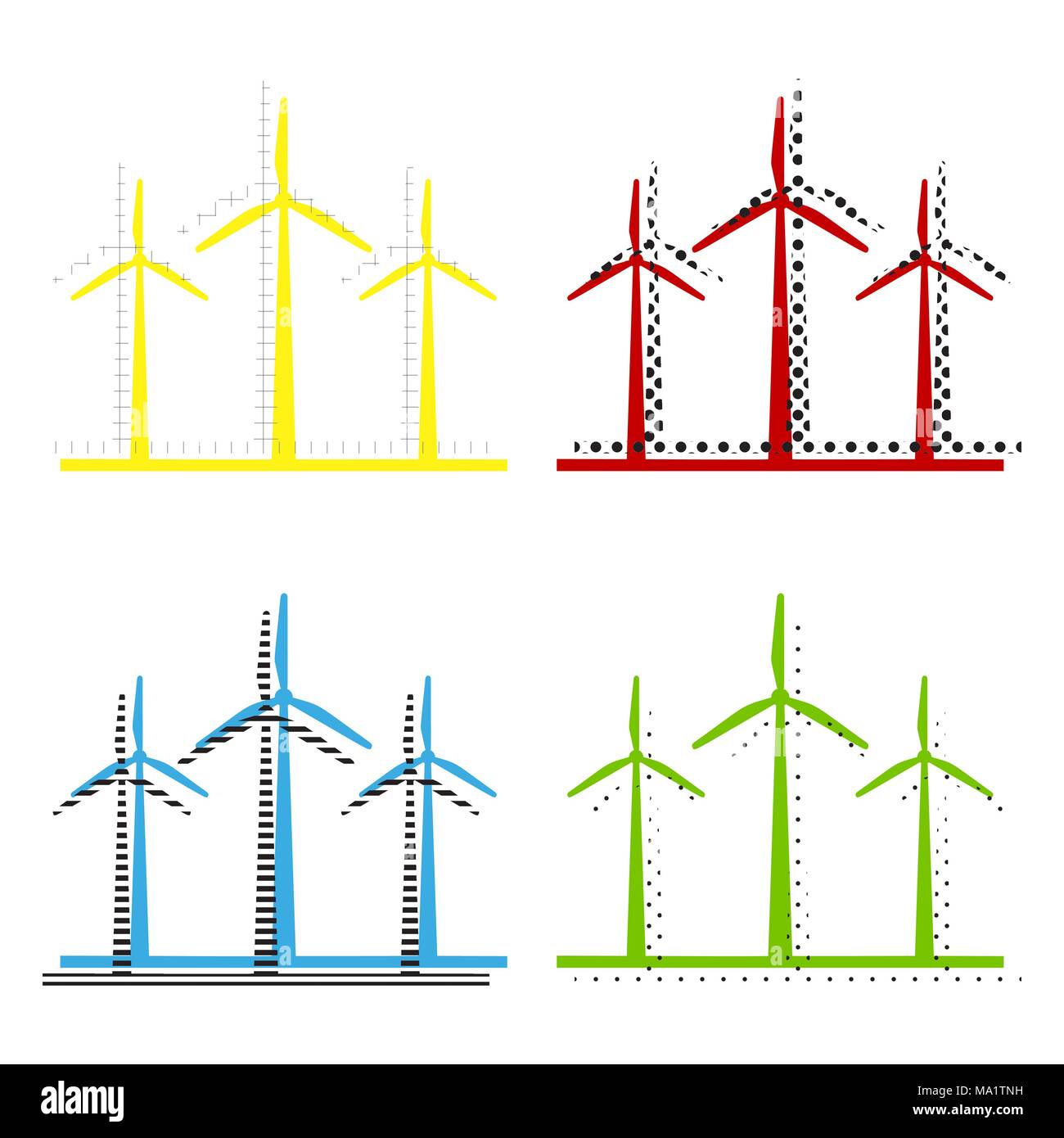 Wind turbines sign. Vector. Yellow, red, blue, green icons with their ...