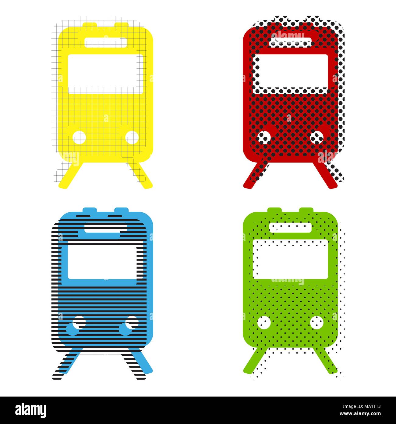 Train sign. Vector. Yellow, red, blue, green icons with their black ...