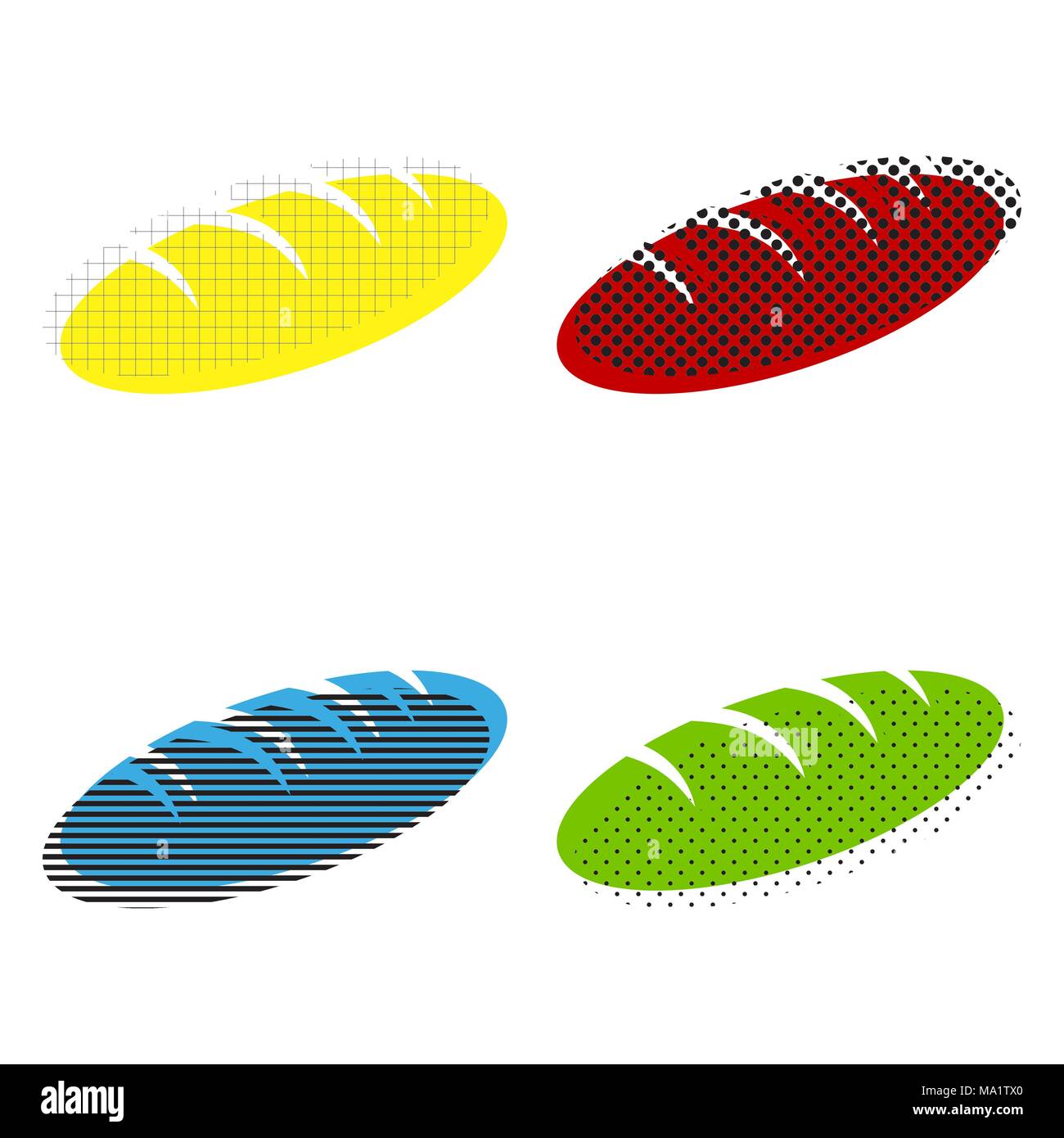 Bread sign. Vector. Yellow, red, blue, green icons with their black ...