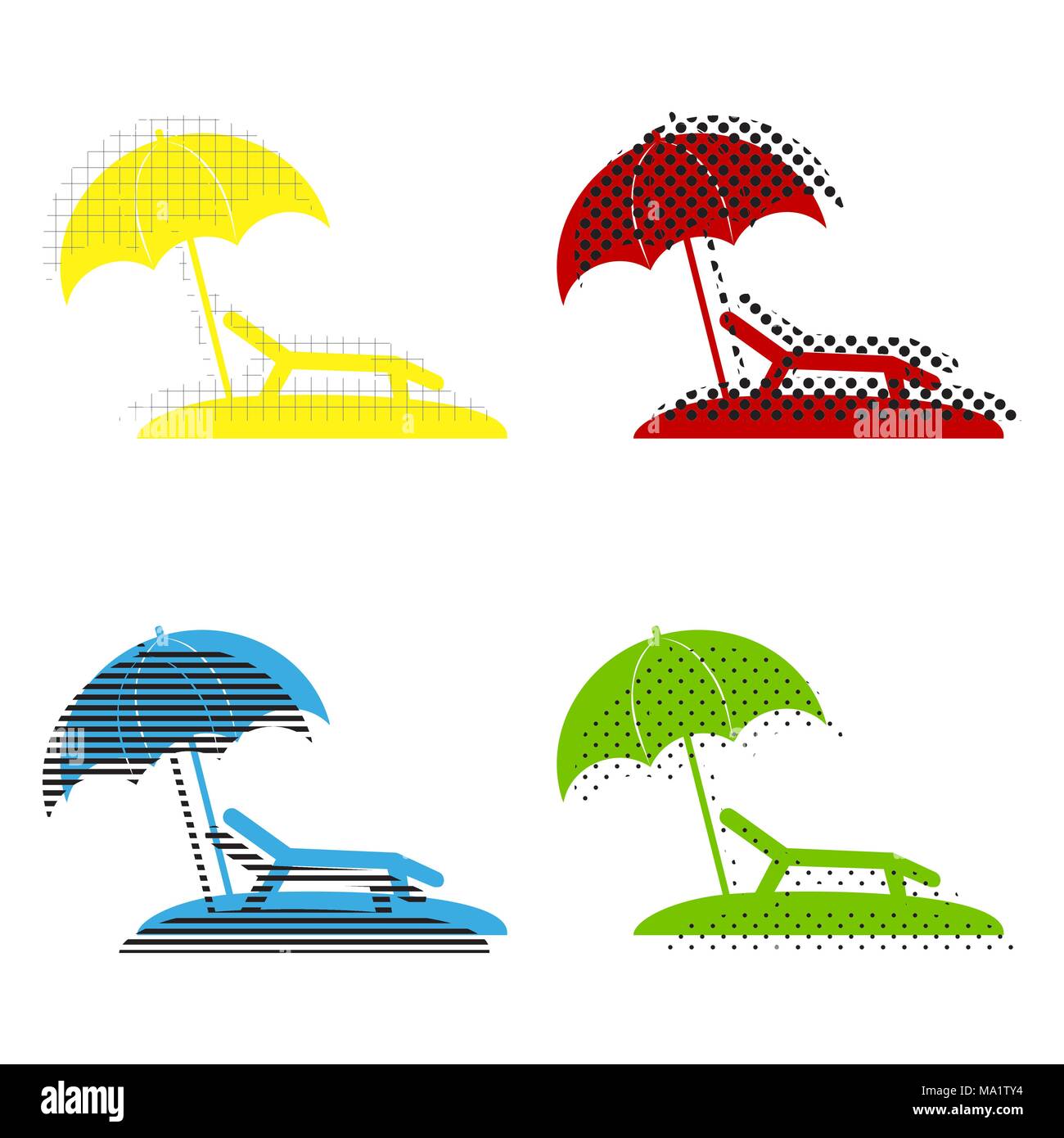 Tropical resort beach. Sunbed Chair sign. Vector. Yellow, red, blue ...