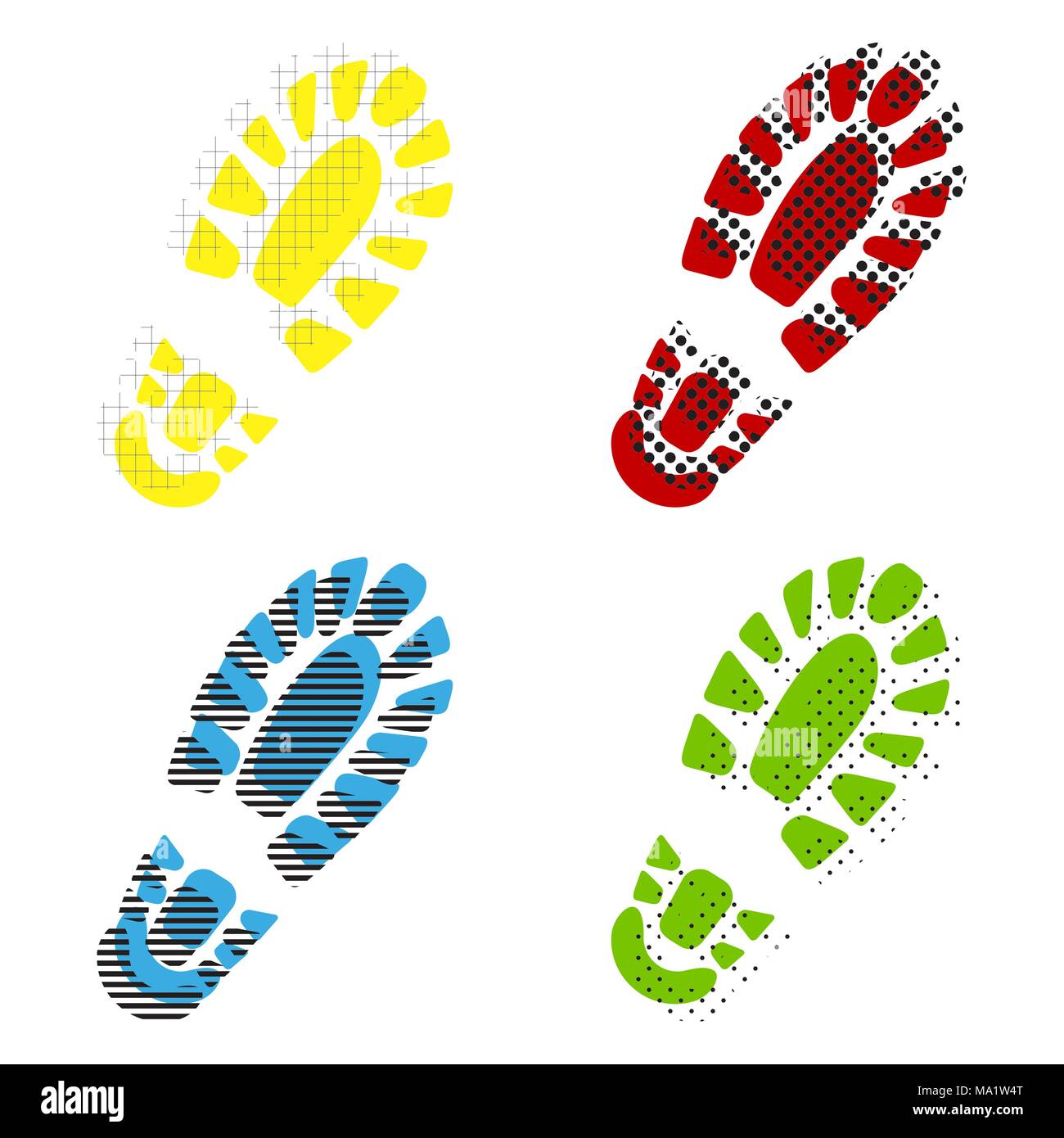 Footprint boot sign. Vector. Yellow, red, blue, green icons with their ...
