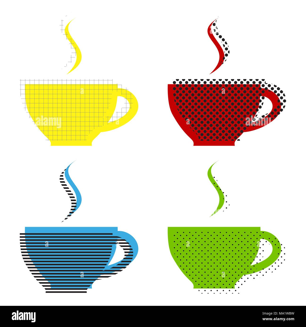 Cup sign with one small stream of smoke. Vector. Yellow, red, blue ...