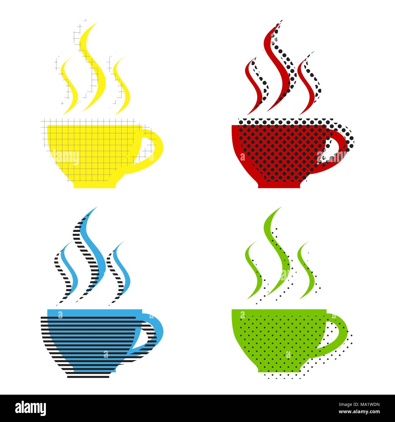 Cup sign with three small streams of smoke. Vector. Yellow, red, blue ...