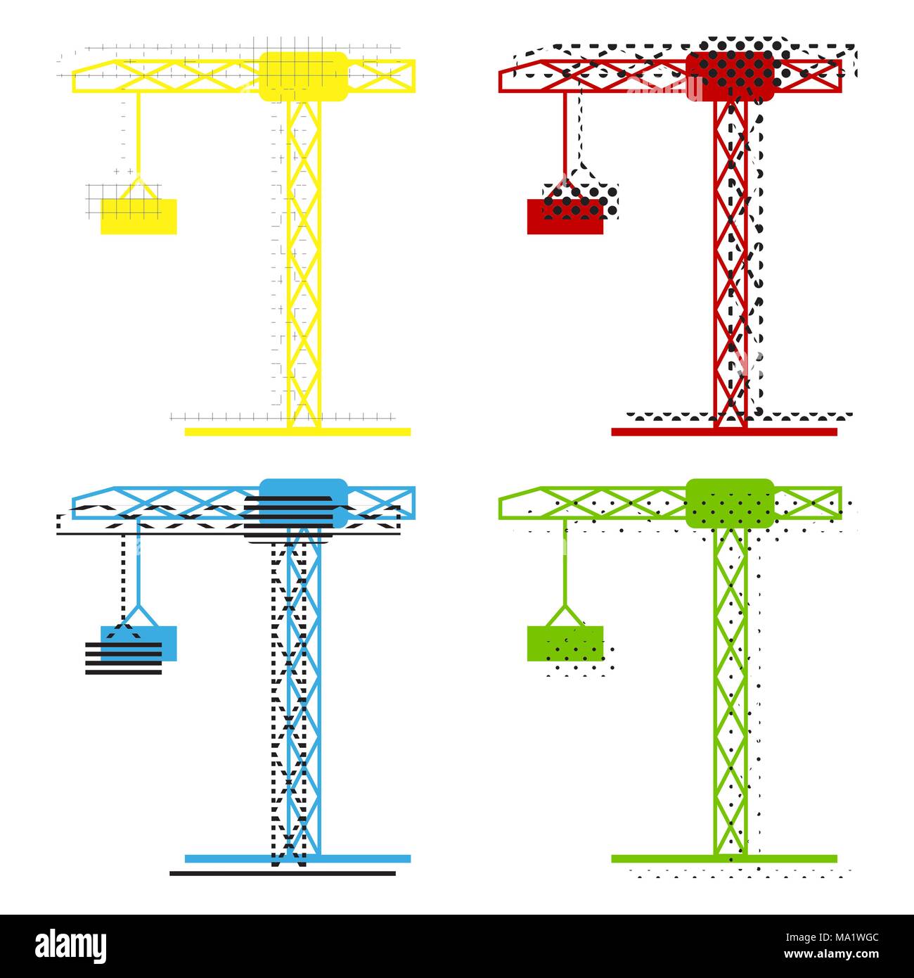 Construction crane sign. Vector. Yellow, red, blue, green icons with ...
