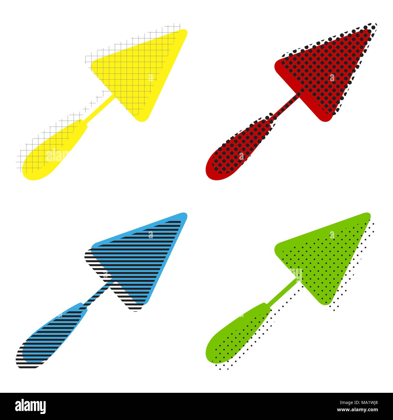 Trowel sign. Vector. Yellow, red, blue, green icons with their black ...