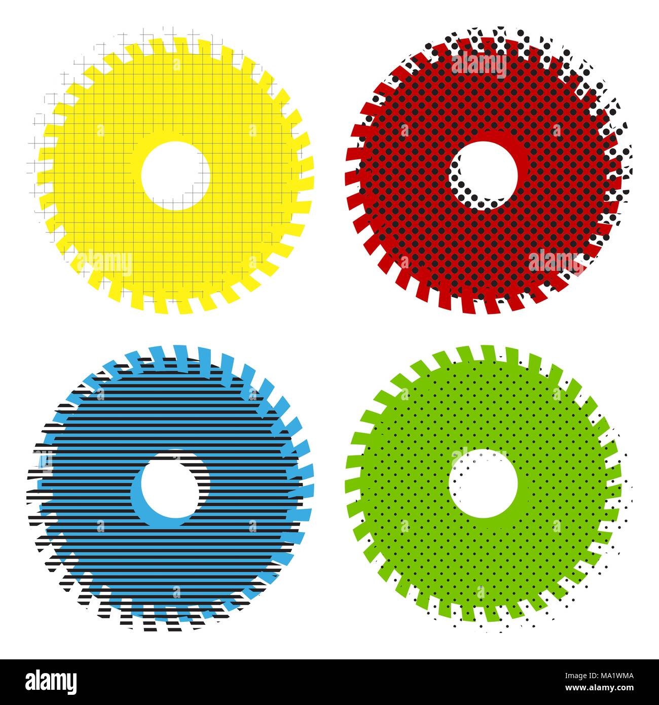 Saw sign. Vector. Yellow, red, blue, green icons with their black ...