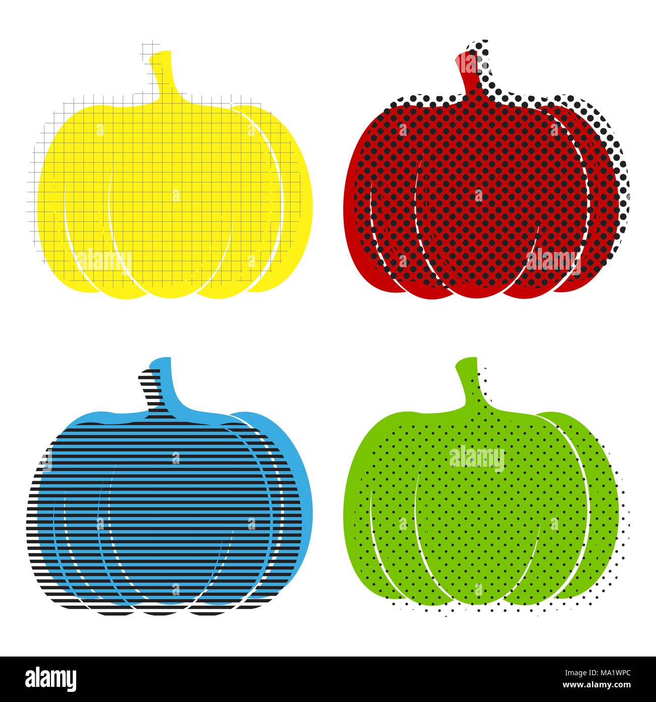 Pumpkin sign. Vector. Yellow, red, blue, green icons with their black ...