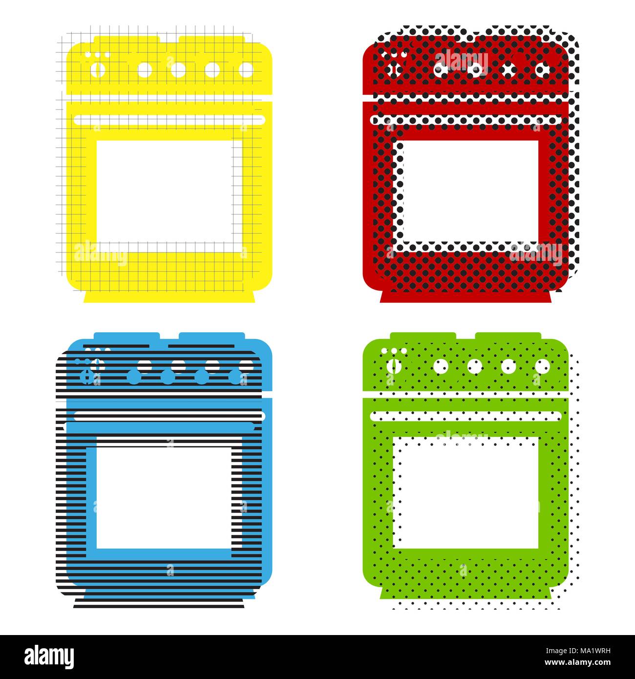 Stove sign. Vector. Yellow, red, blue, green icons with their black ...