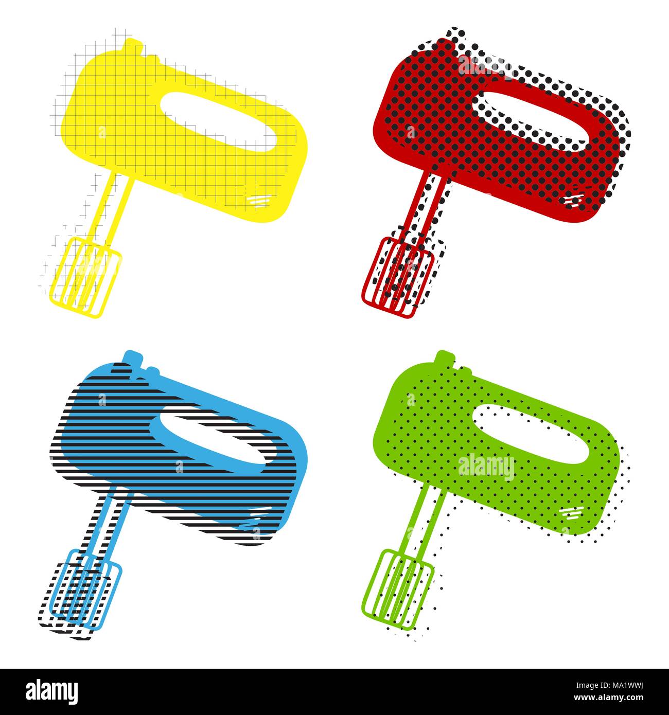 Kitchen mixer sign. Vector. Yellow, red, blue, green icons with their ...