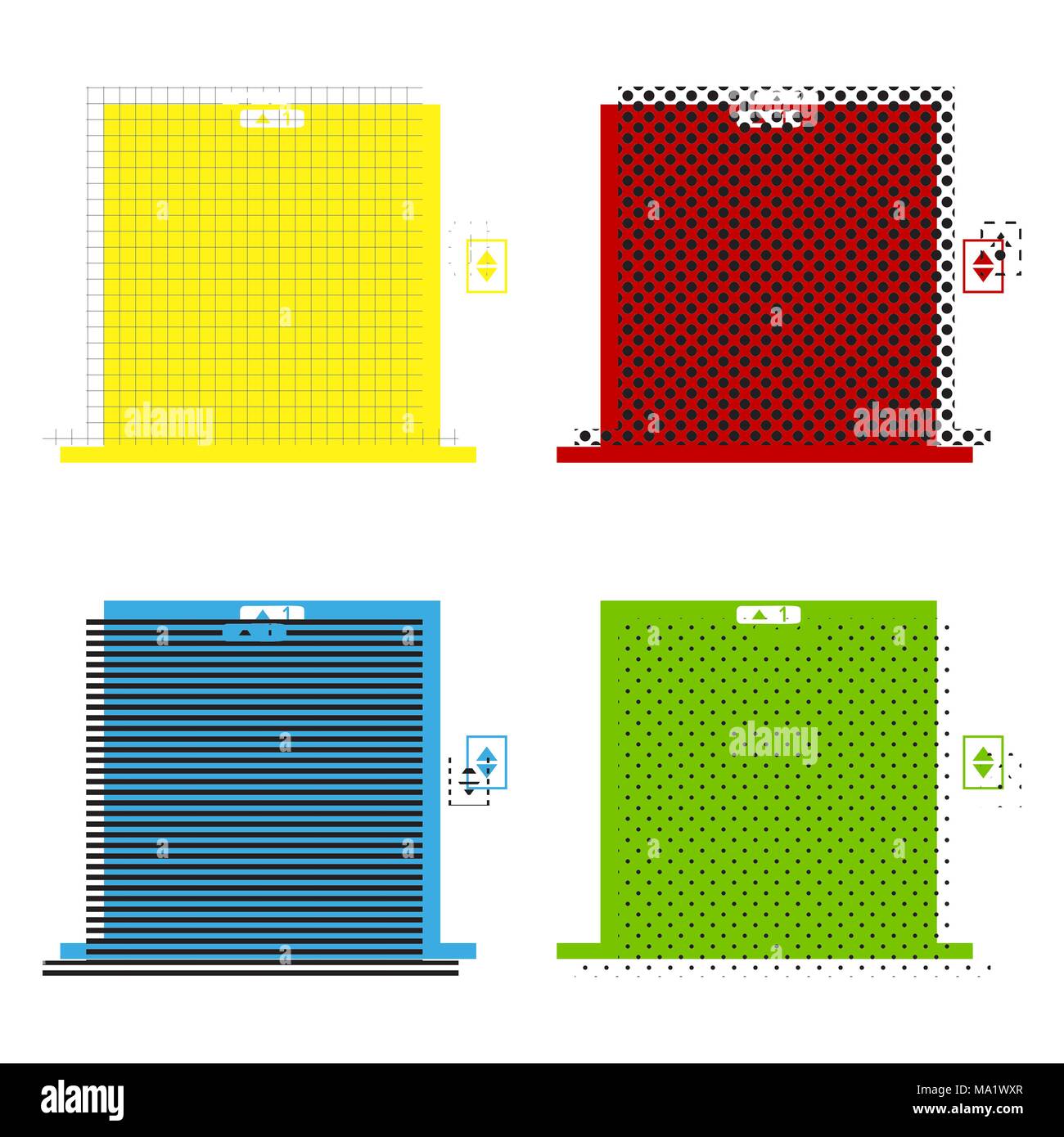 Elevators door sign. Vector. Yellow, red, blue, green icons with their ...