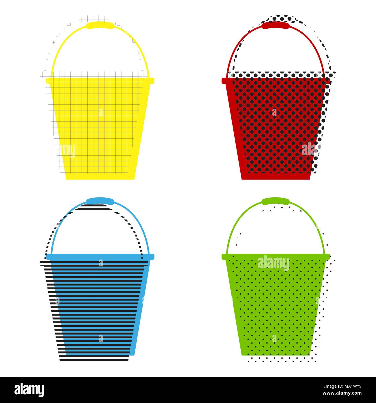 Bucket sign for garden. Vector. Yellow, red, blue, green icons with ...