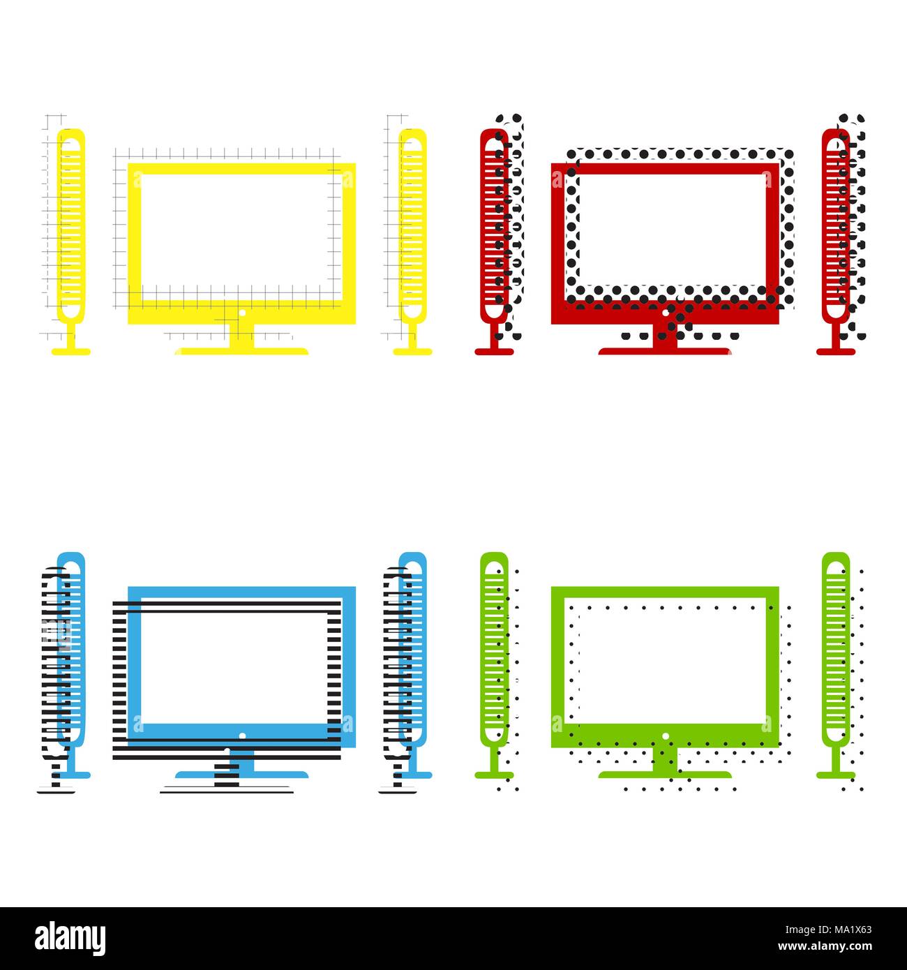 Home theater sign. Vector. Yellow, red, blue, green icons with their ...