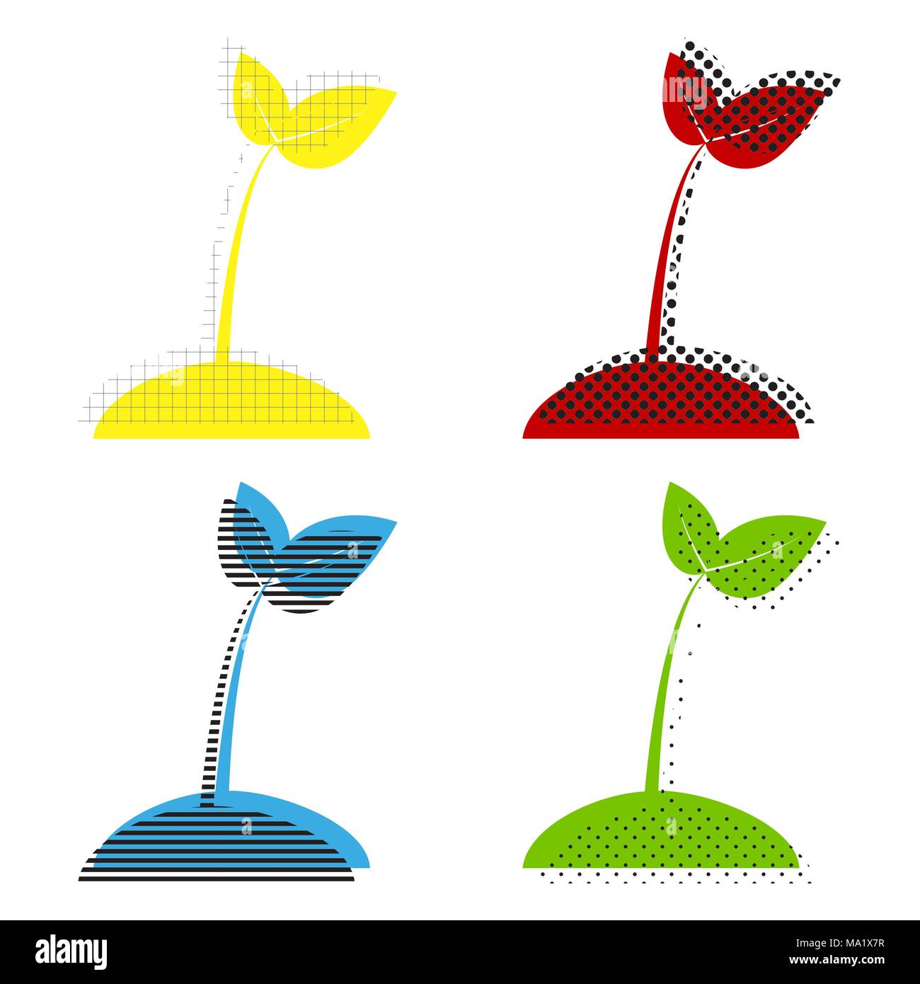 Sprout sign illustration. Vector. Yellow, red, blue, green icons with ...