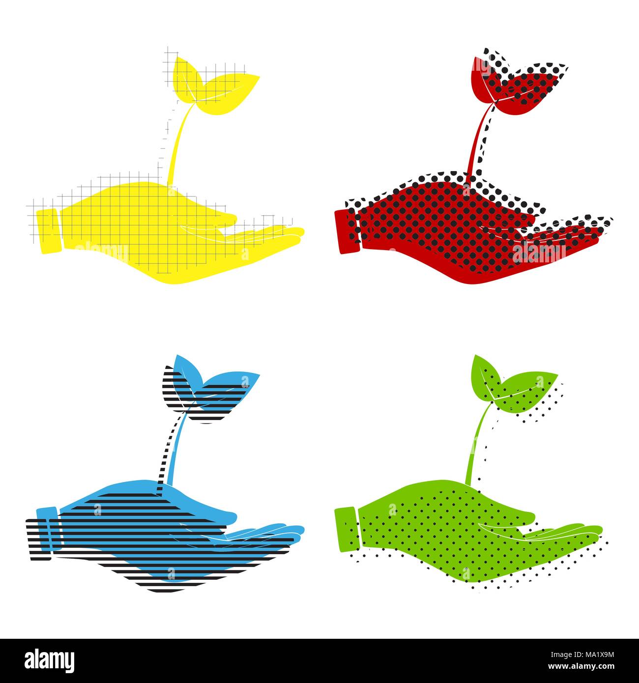 Sprout in a hand sign of environmental protection. Vector. Yellow, red ...