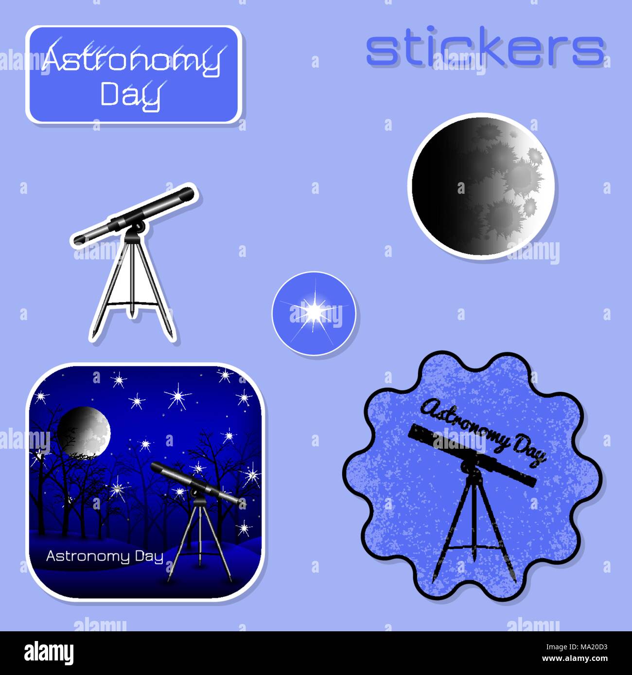 Astronomy Day. Stickers in shades of blue - telescope, moon, star, text ...