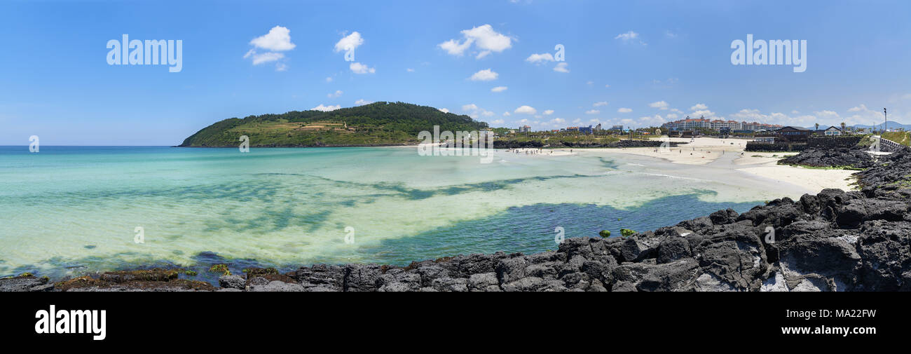 Hamdeok beach and Seoubong peak in Jeju, Korea. Hamdeok Beach is famous ...