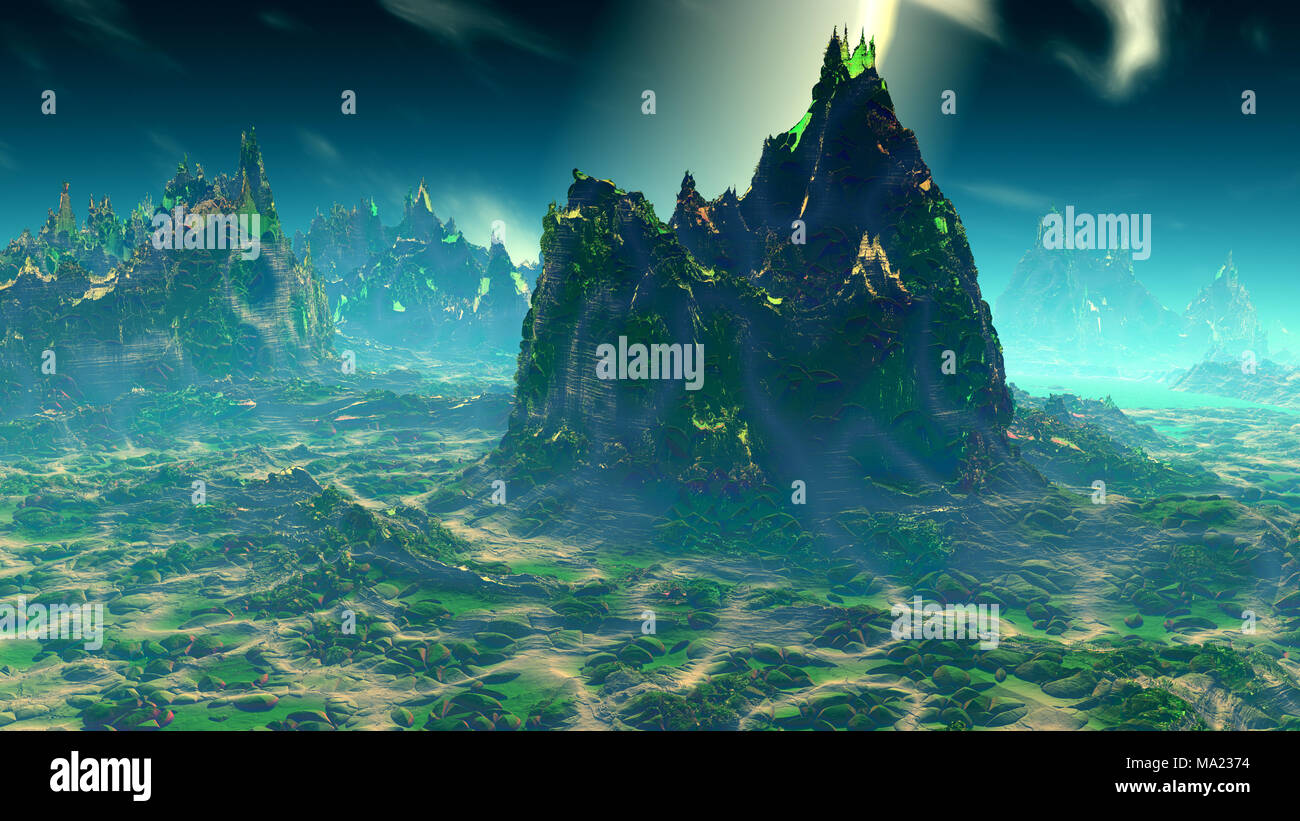 Fantasy alien planet. Mountain. 3D illustration Stock Photo - Alamy