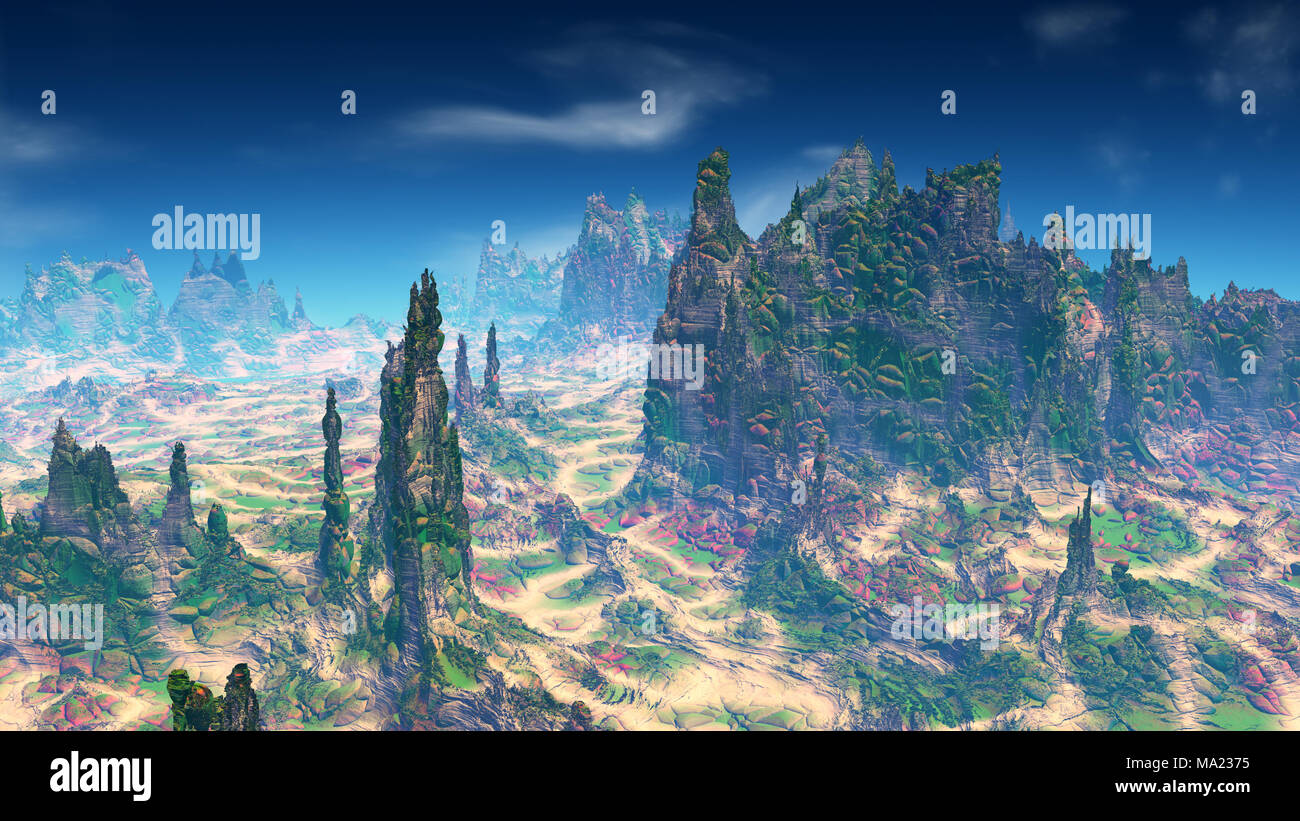 Fantasy alien planet. Mountain. 3D illustration Stock Photo - Alamy