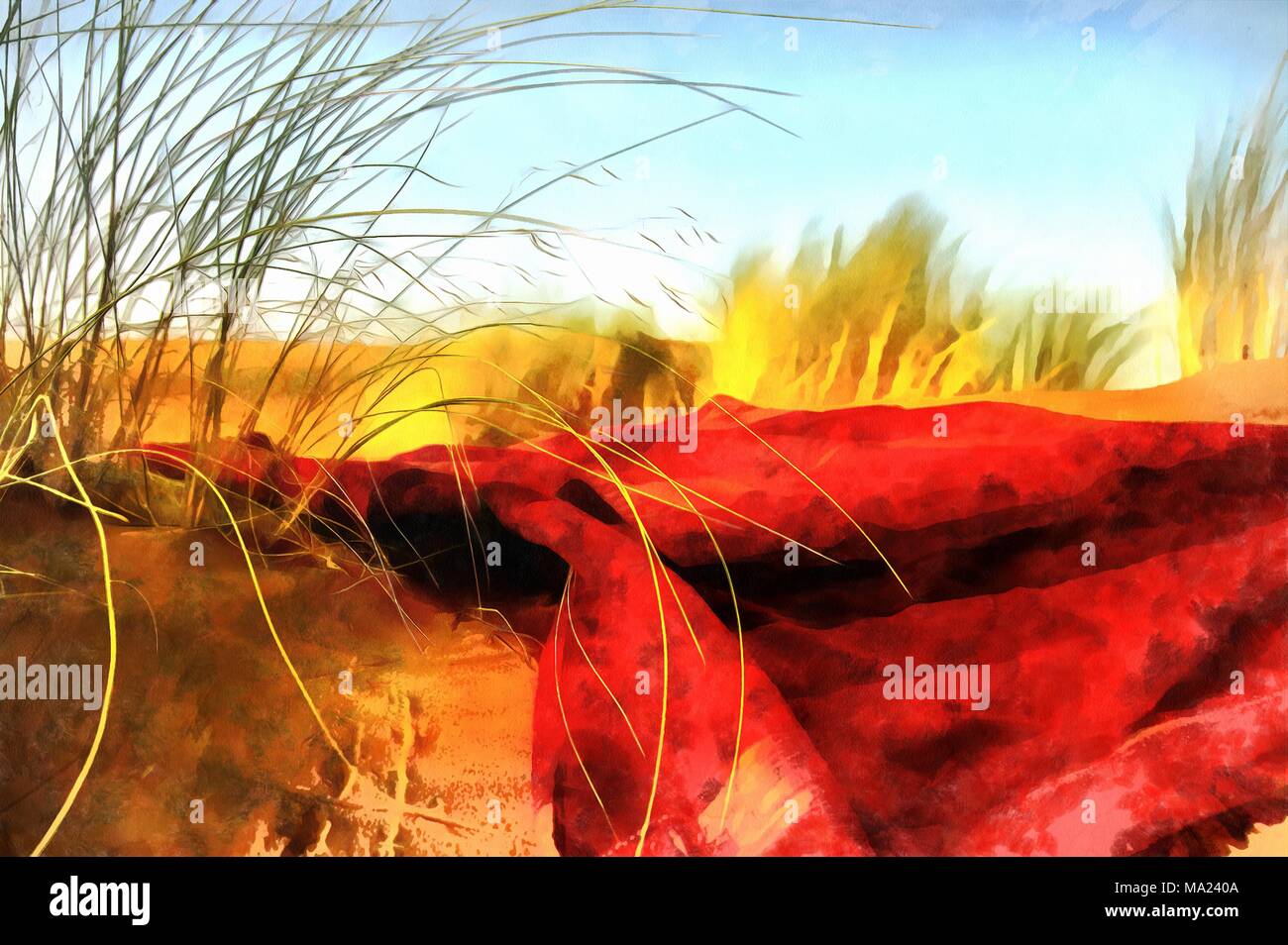 bright red blanket on desert with wild grass, computer effect Stock ...