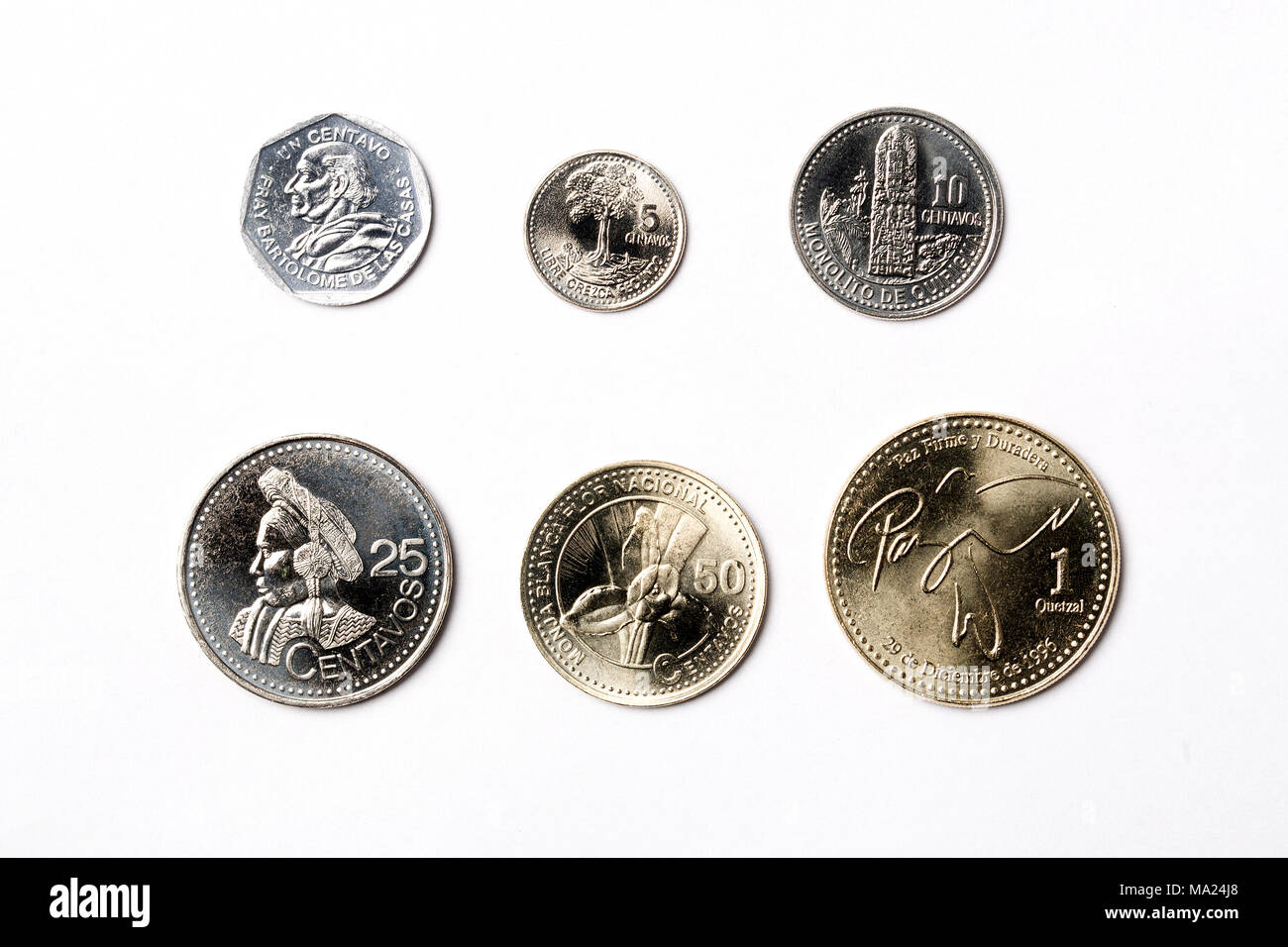 Guatemalan coins on a white background Stock Photo - Alamy