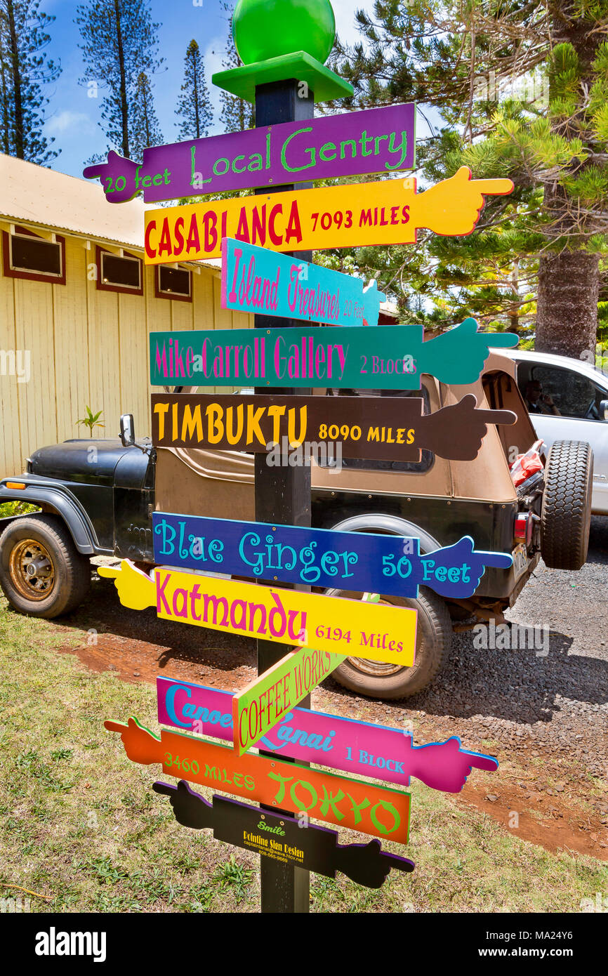 A street sign showing distances to various locations in the town square ...