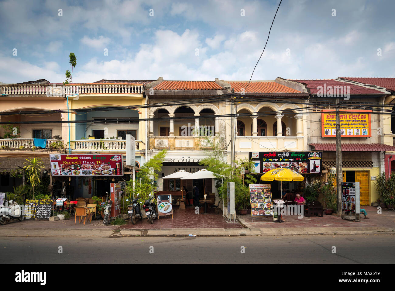 old french colonial architecture buildings in kampot downtown street ...