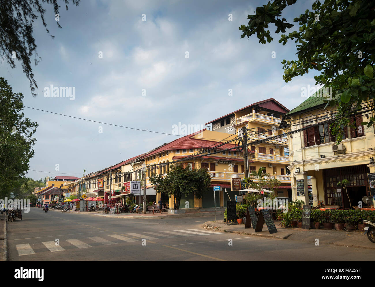 old french colonial architecture buildings in kampot downtown street ...