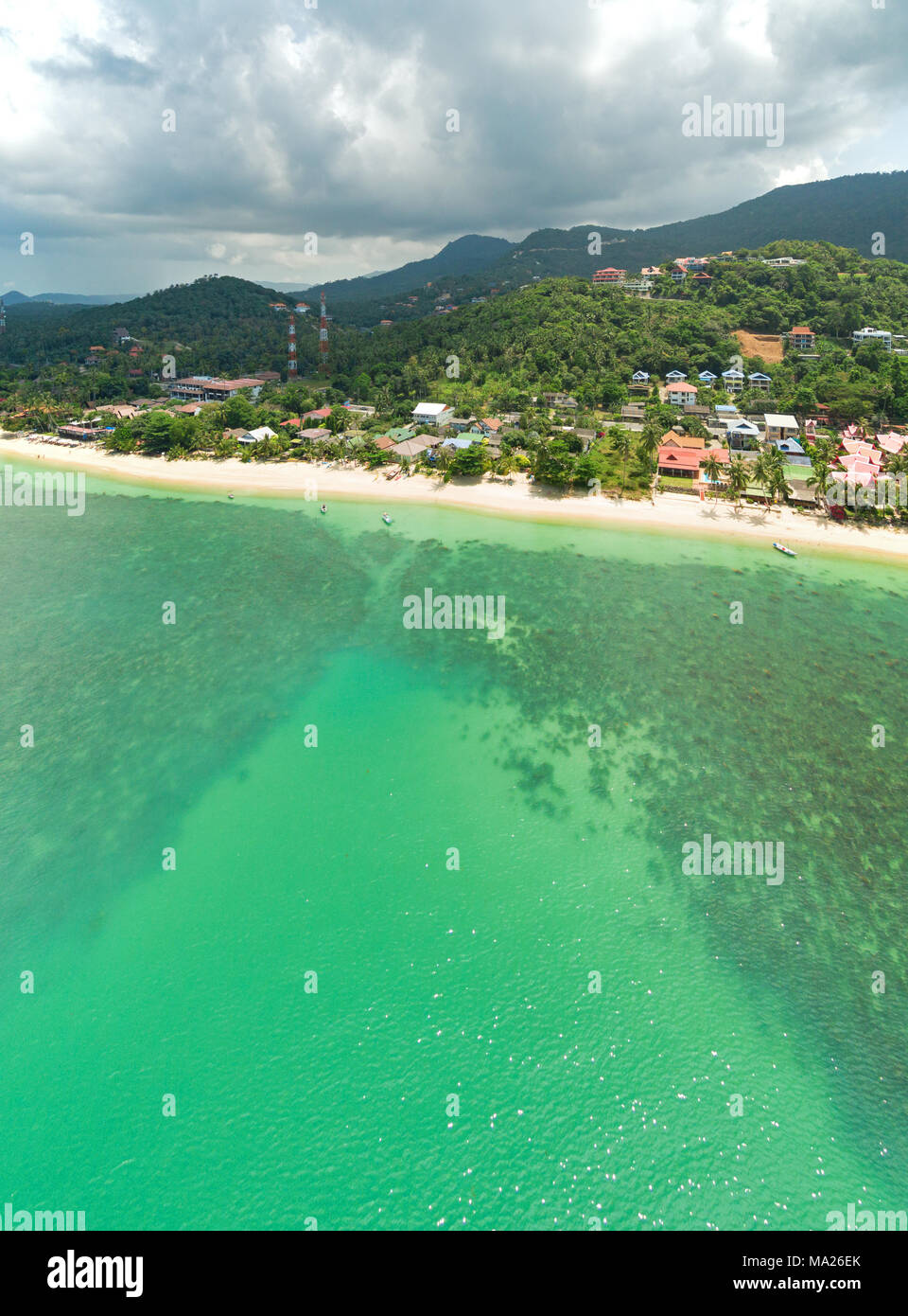 Aerial panoramic view of ocean, beach and blue cloudy sky, Koh Samui ...