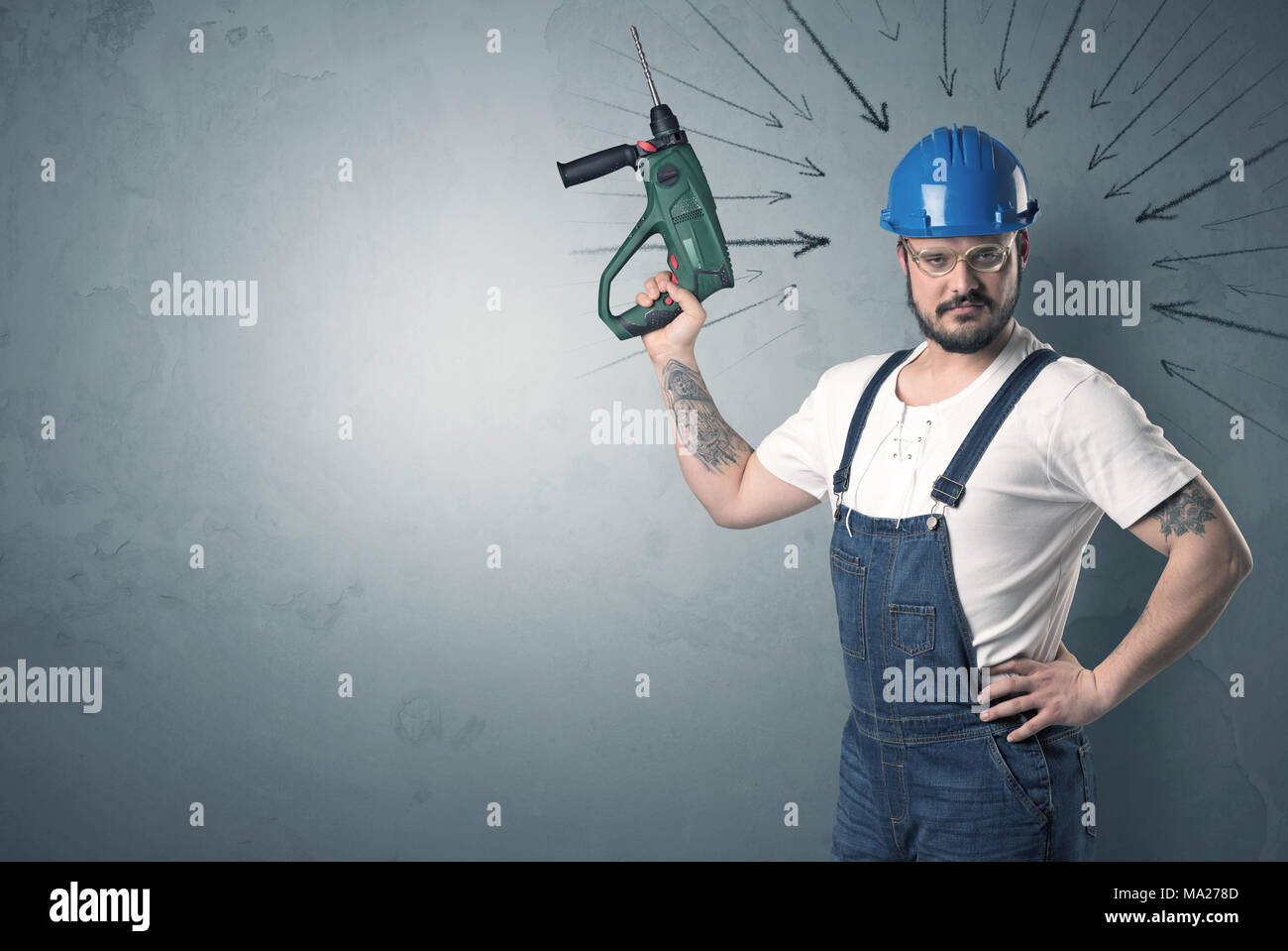 Working man with tools in his hand and arrows above his head Stock ...