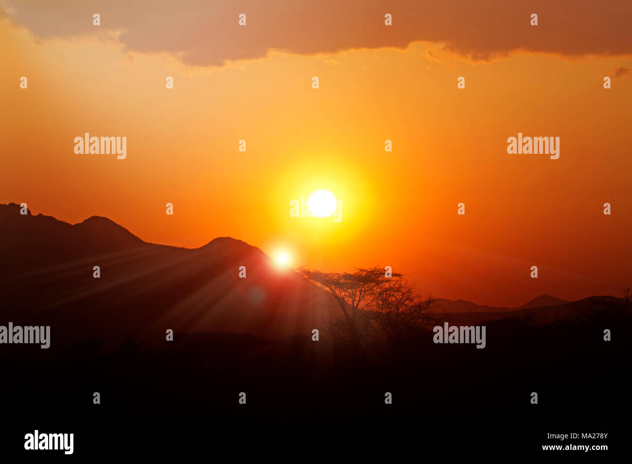Stunning sunset in Kenya, Africa with dramatic sun flare Stock Photo ...