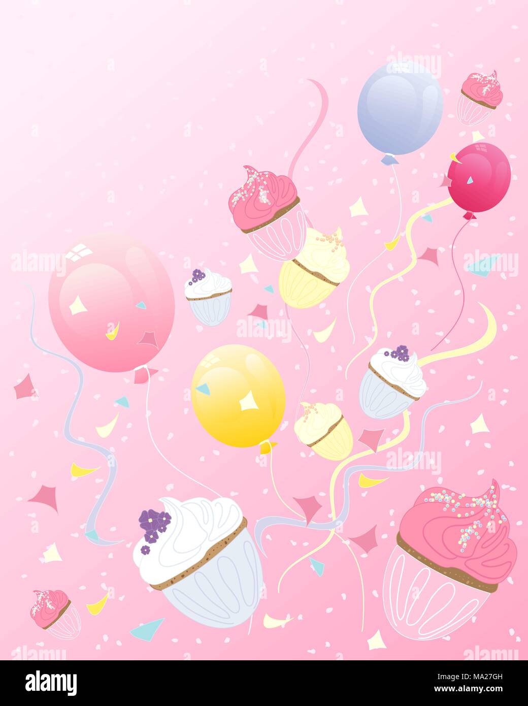 an illustration of abstract cupcakes with balloons streamers and ...