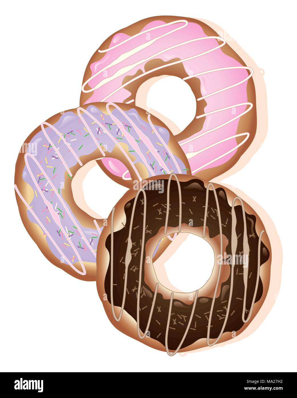 an illustration of three differently decorated doughnut rings with ...
