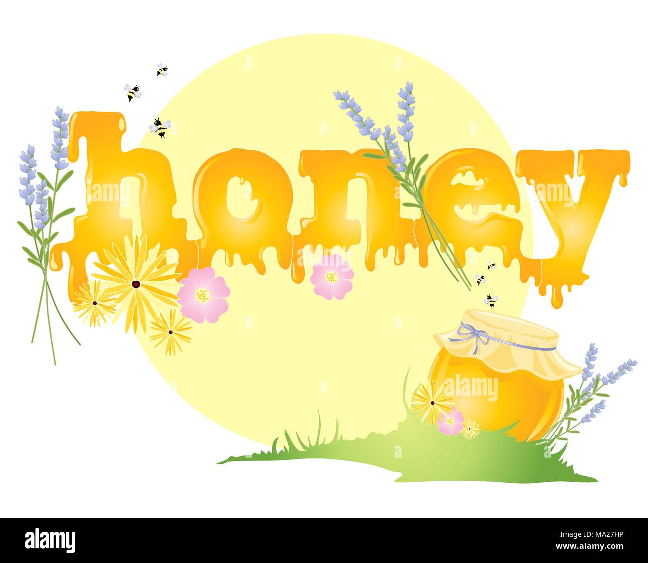 an illustration of a big yellow sun with the word honey in golden ...