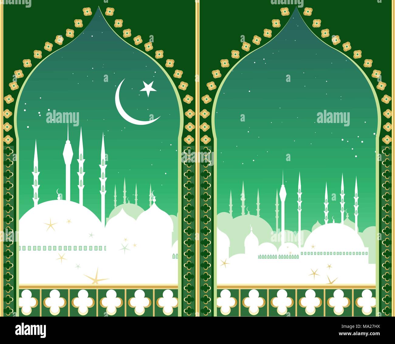 an illustration of an islamic city skyline at night with crescent moon ...