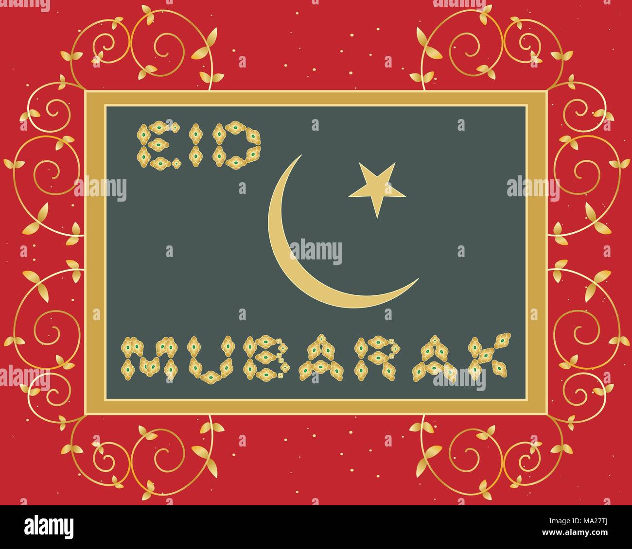 an illustration of an eid mubarak greeting card with golden letters ...
