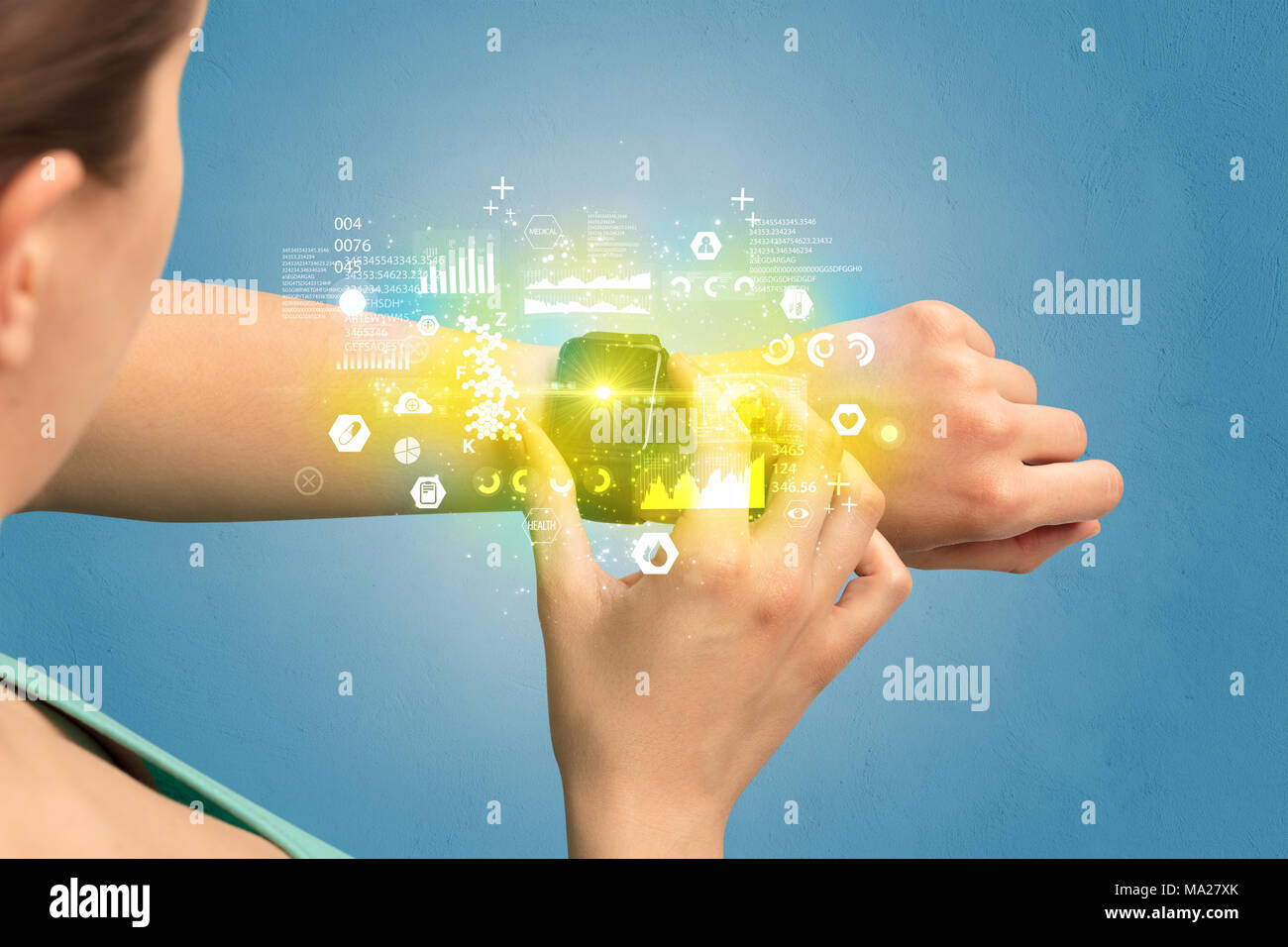 Hand with smartwatch and health medical tracker concept Stock Photo - Alamy