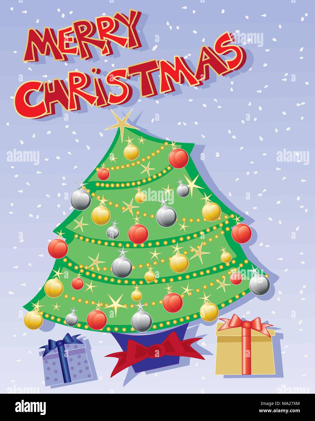 an illustration of a stylized christmas tree with metallic baubles gold ...