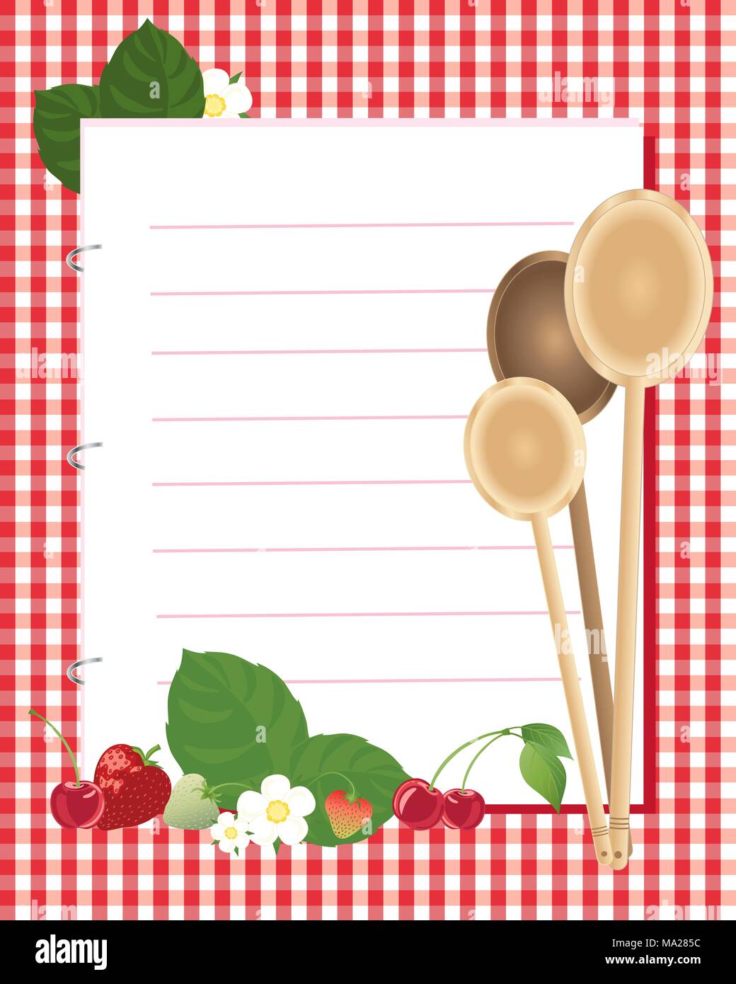 an illustration of a kitchen note book with metal rings surrounded by ...