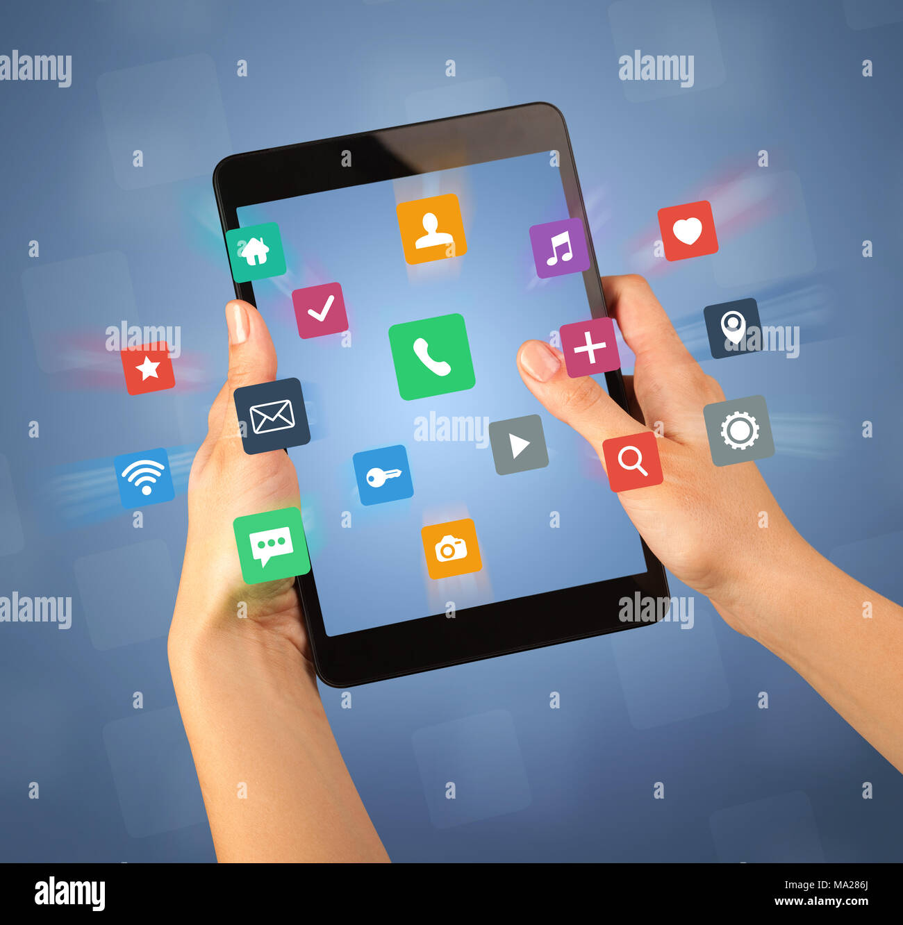 Female fingers touching tablet with colorful applications Stock Photo ...