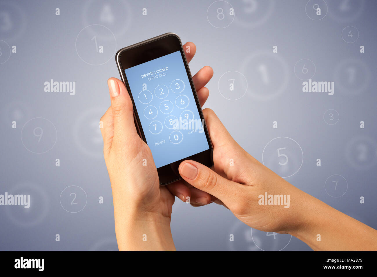 Female fingers touching smartphone with locked device requiring ...